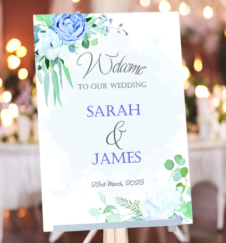 Dusky Blue Roses Welcome to Our Wedding Sign | Bride and Groom Direct