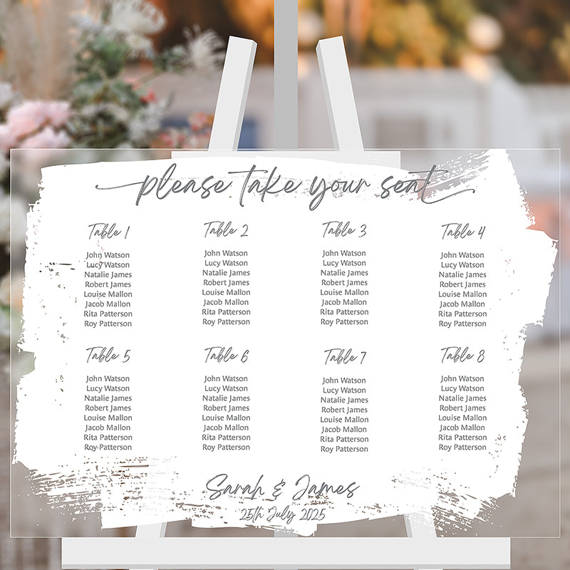 Personalised White Paint Stroke Clear Acrylic Table Plan Sign / Large ...