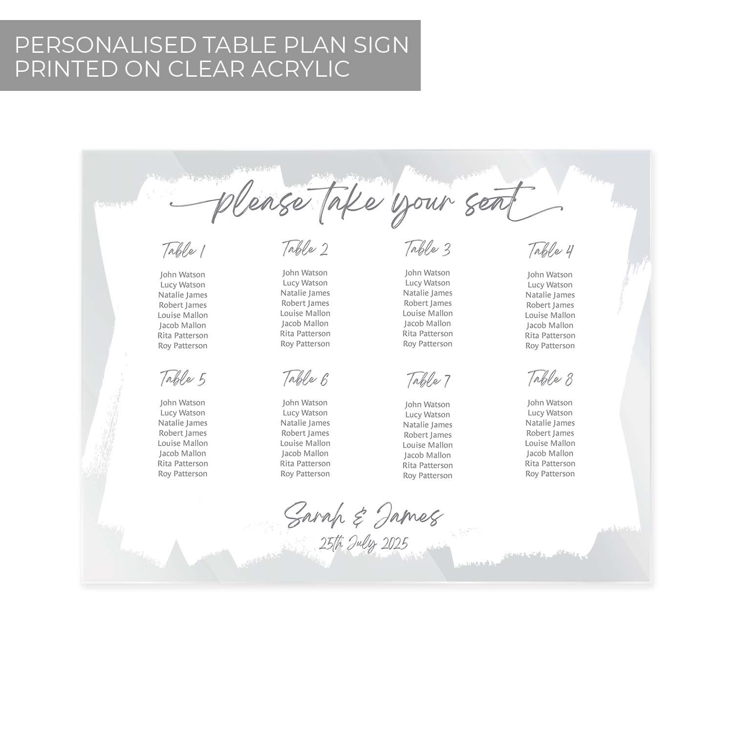 Personalised White Paint Stroke Clear Acrylic Table Plan Sign / Large ...