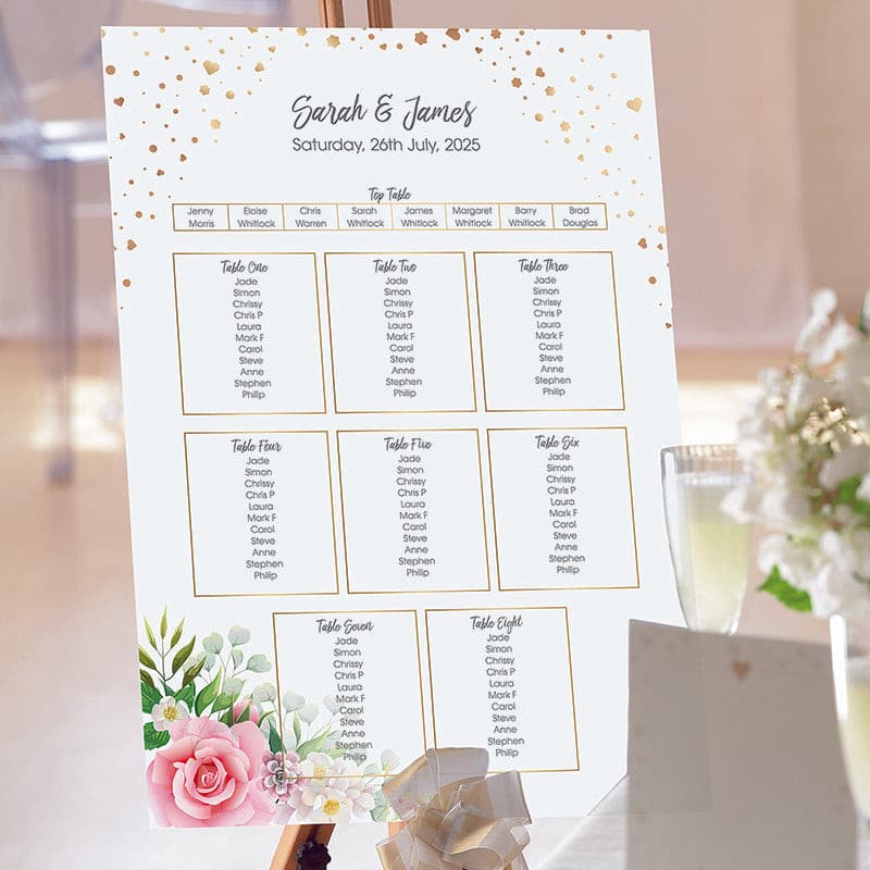 Floral Pink Rose Wedding Table Plan | Bride and Groom Direct