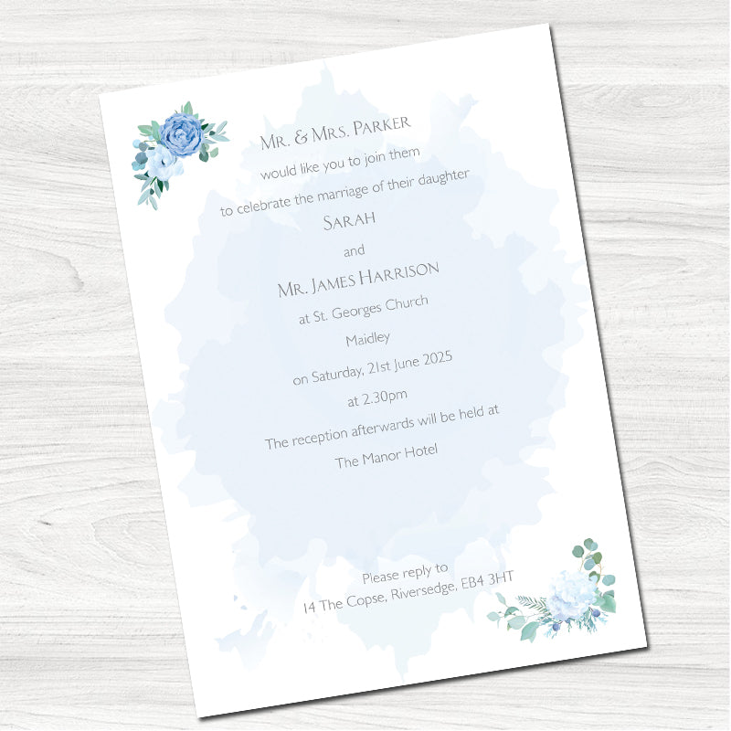 Dusky Blue Rose & Hydrangea Wedding Day Invitation | Bride and Groom Direct